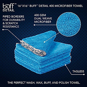 MW Pro Microfiber Car Towels (16"x 16") | 400 GSM | 80/20 Blend | Tagless | Soft Satin Piped Edges | All-Purpose Auto Detailing - Wax, Buff, Polish, Wash, Dry | 6 Pack (Blue)