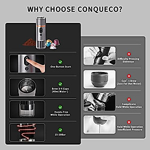 CONQUECO Portable Coffee Machine Travel - 12v Car Espresso Maker with Battery for Camping - Small Electric - 3 Mins Heating - Rechargeable USB Charging (Silvery)