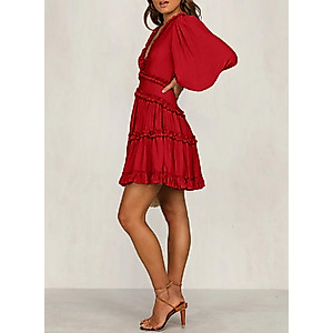Dokotoo Womens Cute Summer Spring Casual Sexy Deep V Neck Ruffle Chiffon Lantern Long Sleeve Elegant Boho Hawaiian Flowy Mini Short Skirt Dresses for Women Party 2025 Red Small