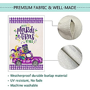 Baccessor Mardi Gras Y’all Garden Flag Double Sided Buffalo Plaid Mask Truck Fleur de Lis Masquerade Party Small Burlap Flag Spring Outdoor Yard Lawn Decoration 12.5 x 18 Inch