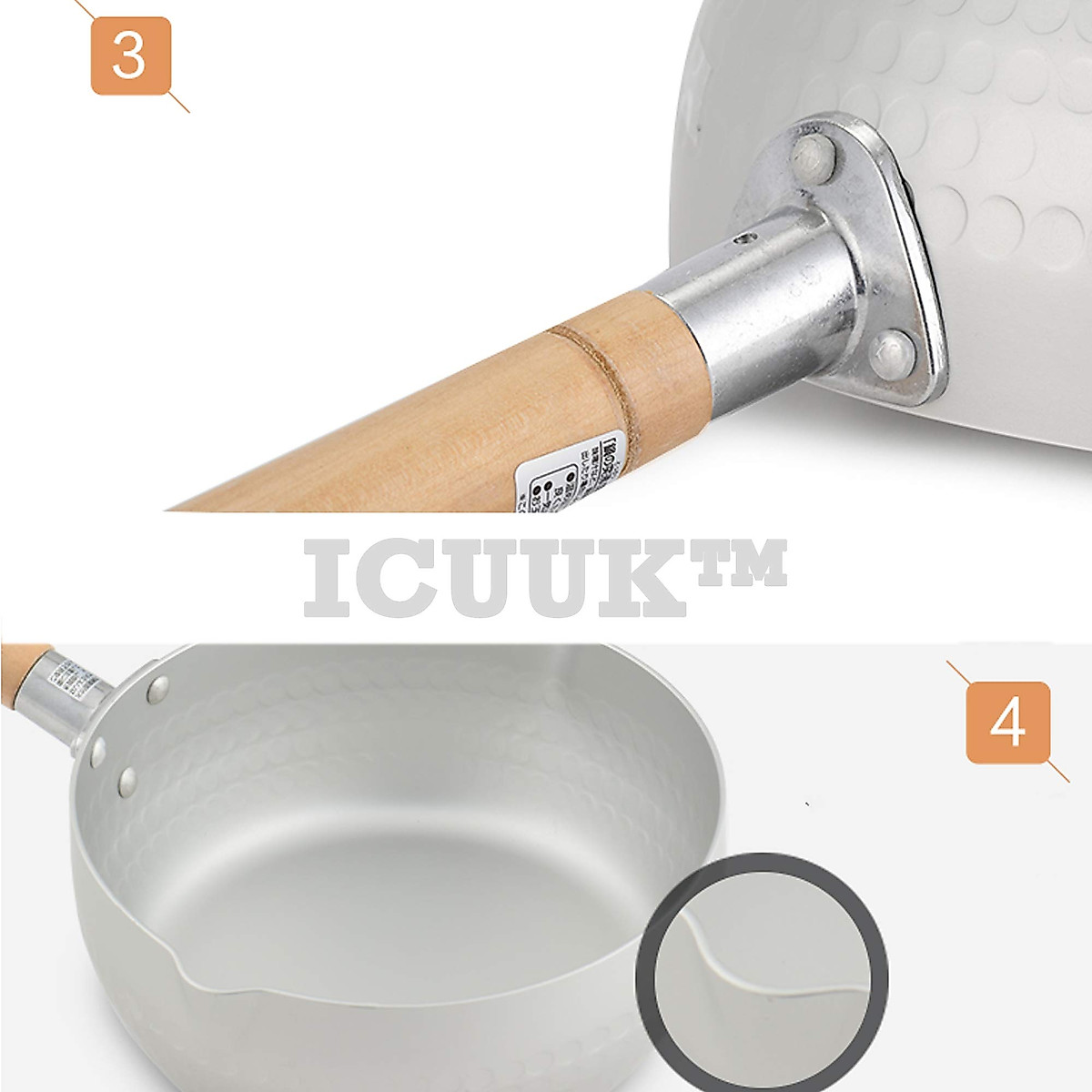 ICUUK Nonstick Saucepan 1.7 Quart Japanese Yukihira Saucepan With Wooden Handle And Silicone Mixing Spoon,Multipurpose Pot, Aluminum Alloy, Silver (7.1 inch)