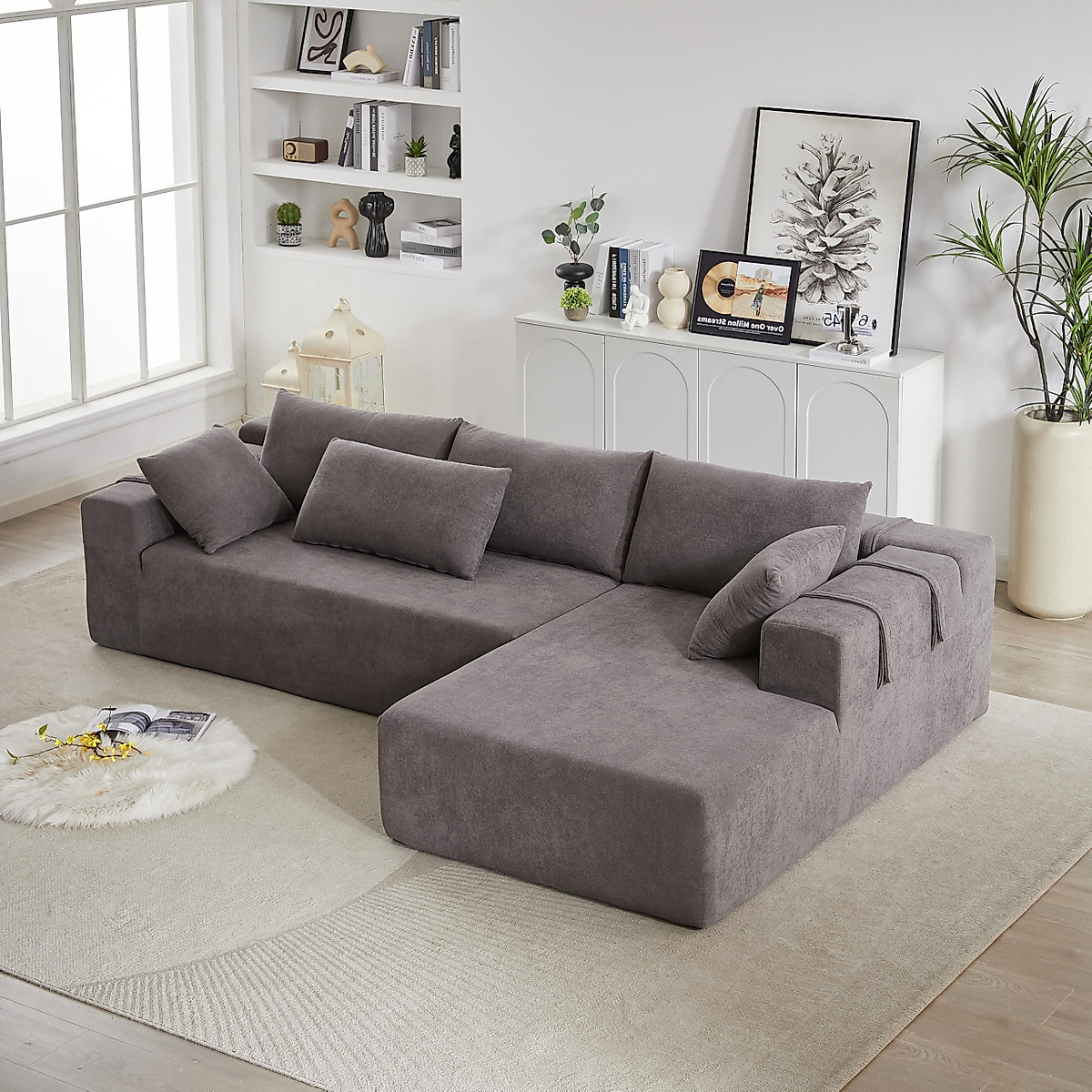 Yoglad Modern L-Shape Sectional Upholstery Sofa with Freedom Combination Living Room Sofa, Comfy Deep Seat Floor Furniture with 6 Pillows for Living Room, Office (Face The Right Chenille Grey Sofa)