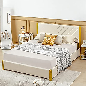 Giantex Full Size Upholstered Bed Frame, Wooden Slatted Bed with Adjustable Headboard & 4 Storage Drawers, Deluxe Platform Bed Frame with 1300 LBS Weight Capacity, No Box Spring Needed, Gold&Beige
