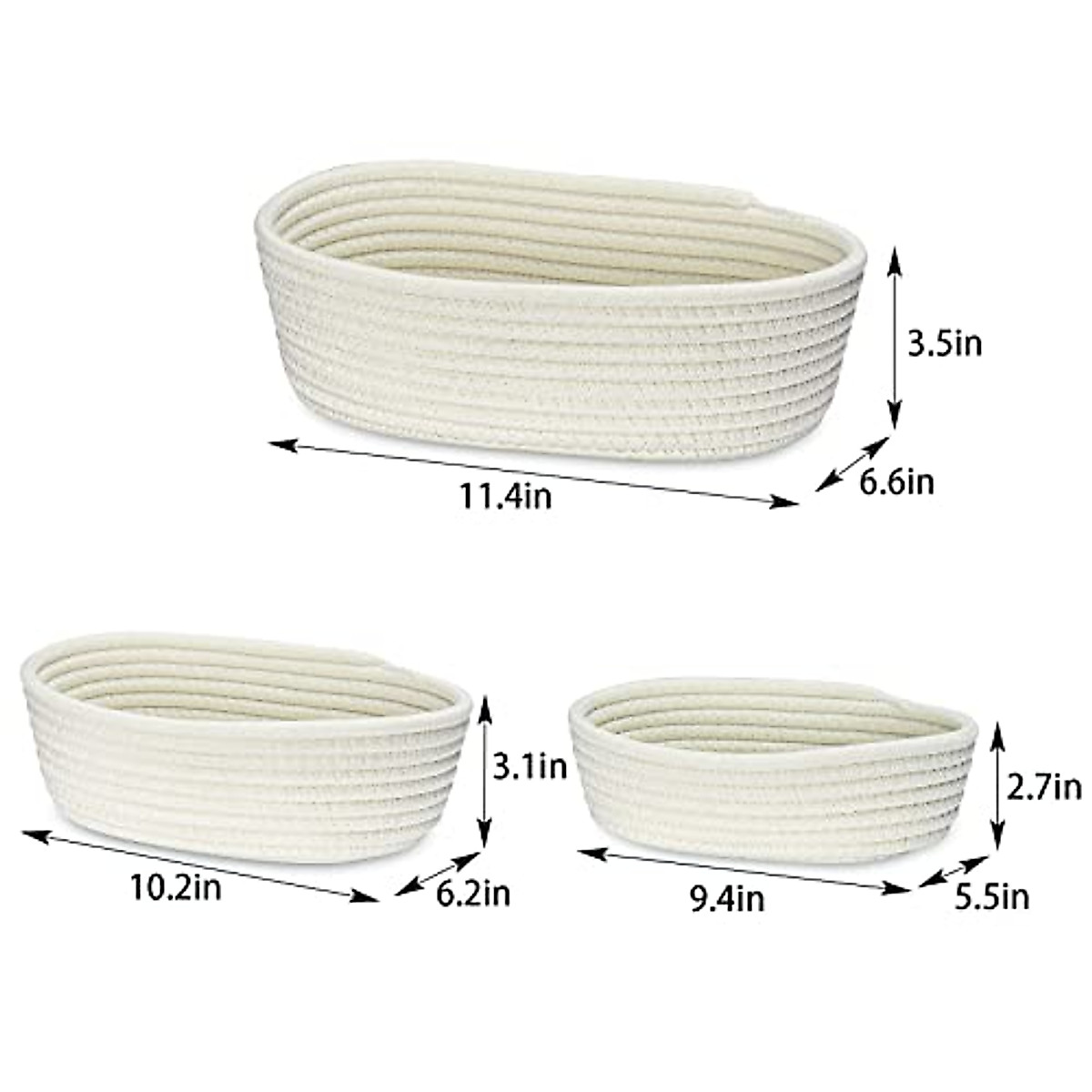 Seaokais Set of 3 Cotton Rope Storage Basket, Small, Oval, White