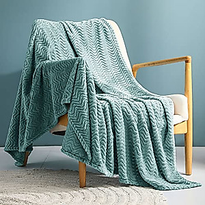 Exclusivo Mezcla Large Flannel Fleece Throw Blanket, Jacquard Weave Wave Pattern (50" x 70", Celadon) - Soft, Warm, Lightweight and Decorative