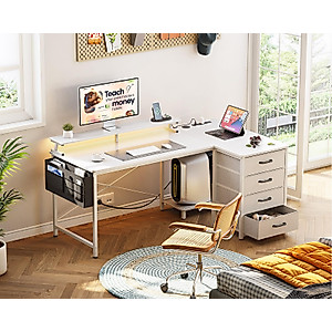 ODK 48-Inch L Shaped Gaming Desk with LED Lights & USB Power Outlets, Reversible Computer Desk with 4 Drawers, Corner Gamer Desk with CPU Shelf & Monitor Stand, Gaming Table for Bedroom, White