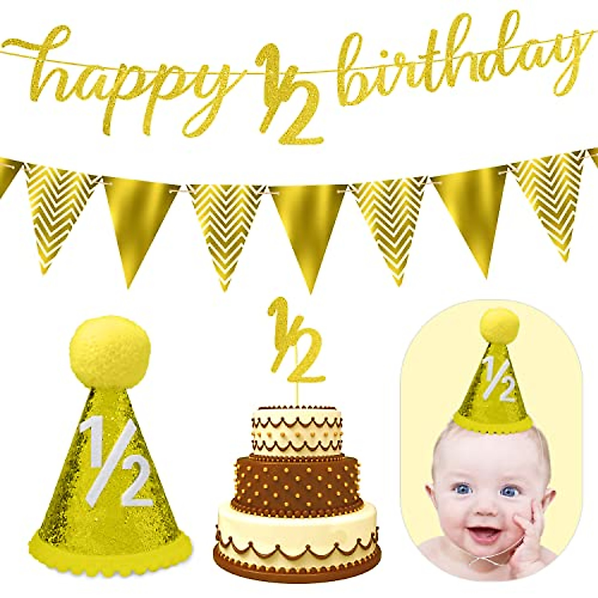 LHMTQVK Happy 1/2 Birthday Banner Pre-Strung 6 Months Banner, Half Birthday Banner 1/2 Birthday Crown Hat, 1/2 Half Year Cake Topper- for Baby's 6 Months Birthday Party Decoration Set… (Gold)