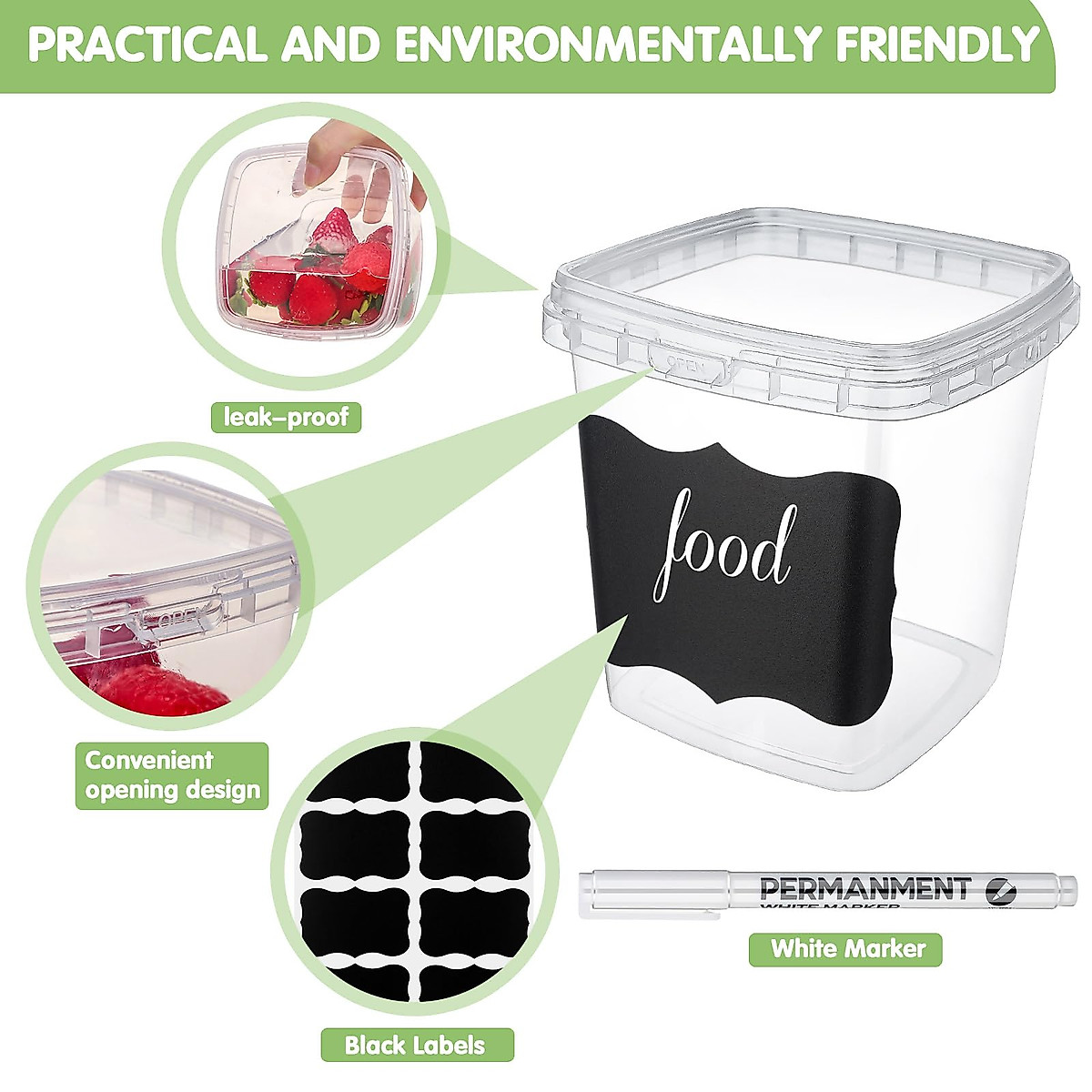 Jinei 50 Pcs 16 oz Plastic Deli Containers with Lids Clear Square Food Storage Containers Stackable Airtight Square Container with Lids with 9 Labels and Marker for Kitchen Storage Meal Take out