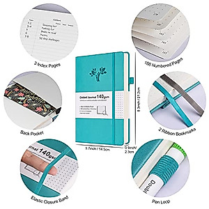 OFFIGIFT Bullet Dotted Journal Kit, 140gsm Hardcover A5 Dotted Journal with 188 Numbered Pages and 3 Index, 12 Brush Pens Dual Tip, 10 Stencils and 14 Washi Tape for Women Men Teen Girls, Teal