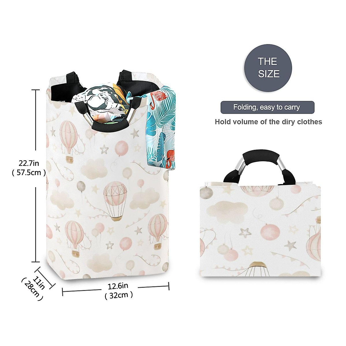 Kigai Hot Air Balloon Clouds Laundry Basket Foldable Large Laundry Hamper Bucket with Handles Collapsible Nursery Washing Bin for Kids Clothes Toy Organization