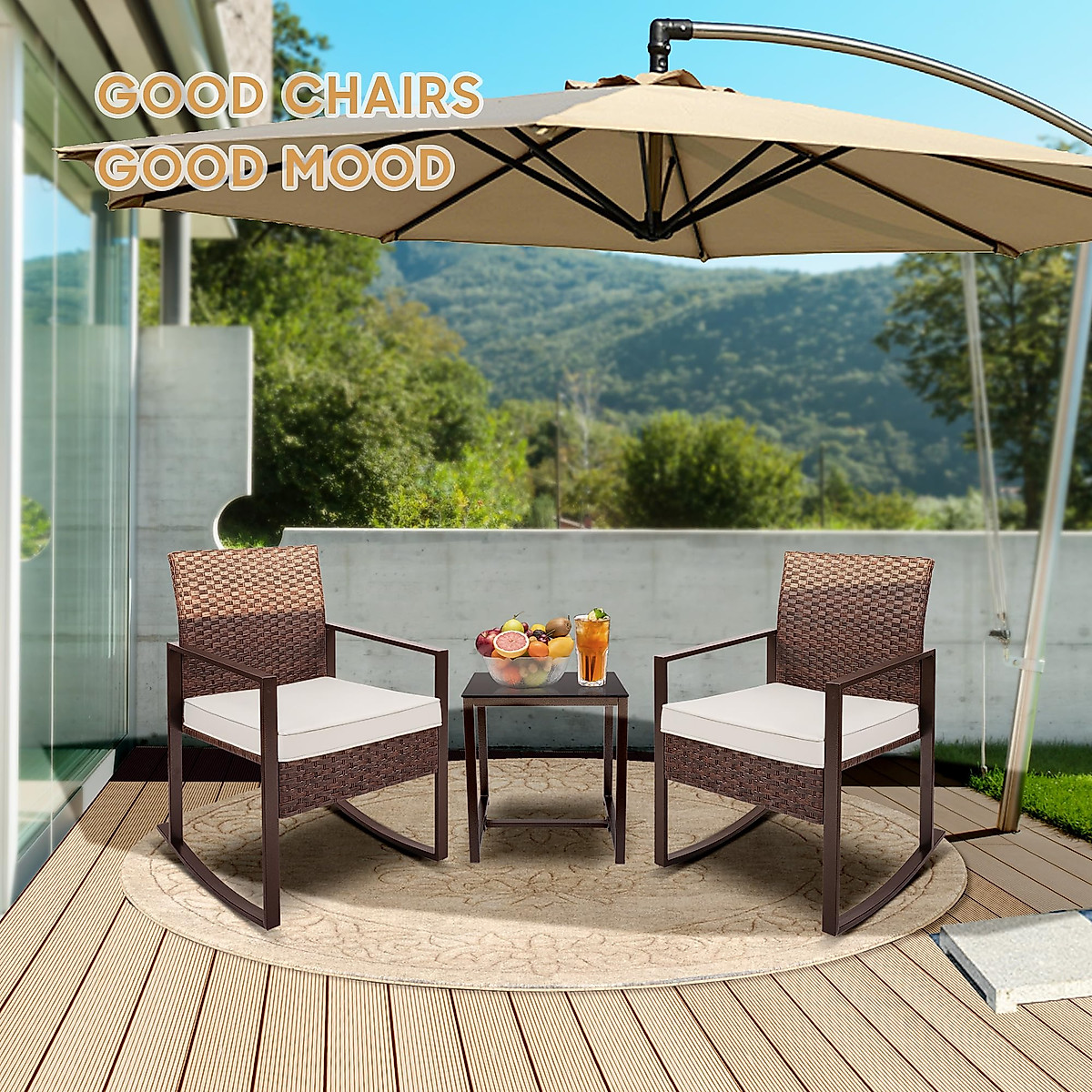 YIYAN 3 Pieces Rocking Bistro Set,Outdoor Rocking Chair Furniture Set,PE Wicker Outdoor Rocker Chair with Coffee Table & Washable Cushion(White)