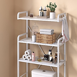 Huhote Over The Toilet Storage Rack with 3-Tier Bathroom Shelves, Space Saver Toilet Shelf, Bathroom Storage Organizer with Hooks for Over Toilet Storage and Bathroom Shelf (White Faux Marble)