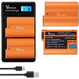Vemico EN-EL15 EN-EL15A/EL15B/EL15C Battery Charger Kit 2x2100mAh Replacement Batteries with Dual Slot LCD Charger for D810 D7500 D7100 Z6ii D750 D850 D810A D800 D800E D7200 D500 D610 D600 Z7 Z8etc.