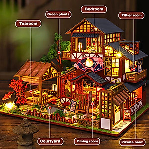 Yuzhen DIY Miniature Dollhouse with Furniture and LED Lights, Japanese Style Wooden Mini-Restaurant Includes Dustcover and Music Movement, Exquisite Home Decor