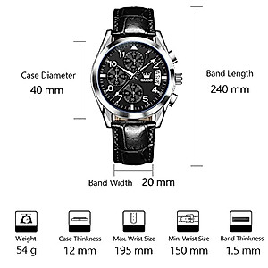 Men's Watches Black Face Silver Bezel Quartz Chronograph Watch for Men Arabic Number Luxury Mens Faux-Leather Bracelet Watches Multi-Function Easy Wear Classic Men Gifts for Him Watch Reloj De Hombre