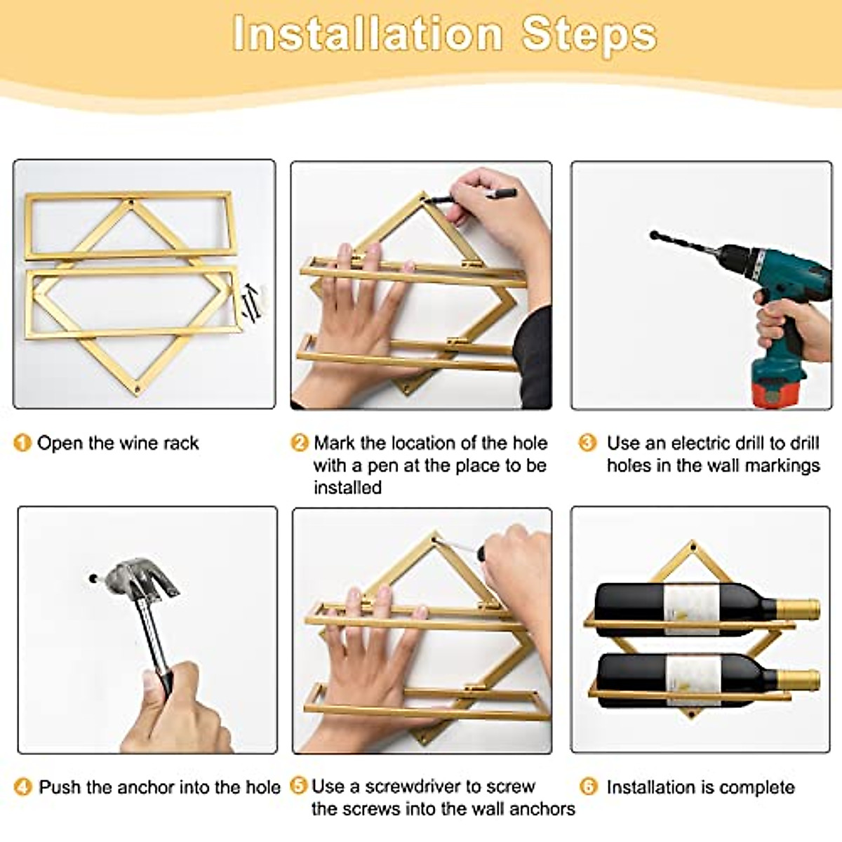 AUHOKY Metal Wall Mounted Wine Holder, Upgrade Foldable Hanging Wall Wine Rack Organizer for 2 Liquor Bottles, Red Wine Bottle Display Hanger with Screws for Home Kitchen Bar Wall Décor