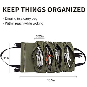 Toll Roll Bag,Canvas Tool Bags For Men,Small Tool Bag,Heavy Duty Tool Roll Up Bag with 5 Zipper Pockets,Wrench Roll Organizer For Mechanic Carpenter Electrician,Tool Roll Organizer.Car Camping Gear