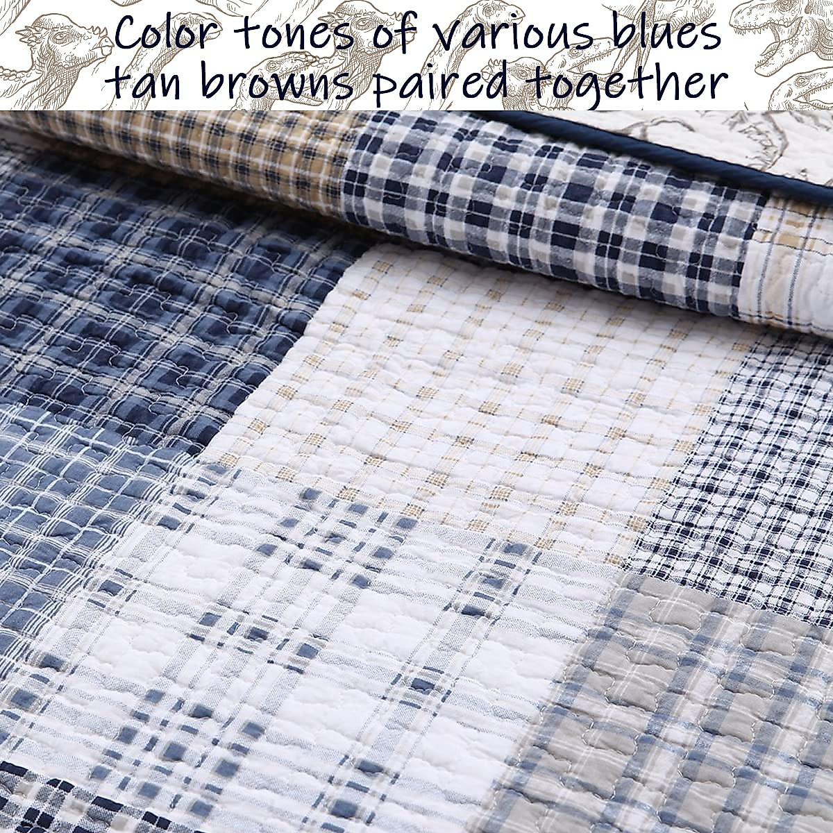 Cozy Line Home Fashions Benjamin Cute Dinosaur Plaid Navy Blue White Grey Bedding Quilt Set 100% Cotton Reversible Coverlet Bedspread Set for Kids Boy(Twin - 2 Piece)