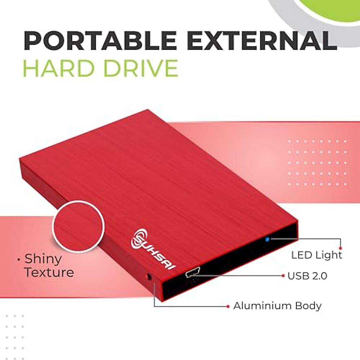 SUHSAI 160GB External Hard Drive USB 2.0, 2.5" Pocket Size Hardrive for Backup/Storage, Memory Expansion HDD, Slim Portable Hard Disk Compatible with MAC, PC, Laptop, Desktop, Chromebook (Red)