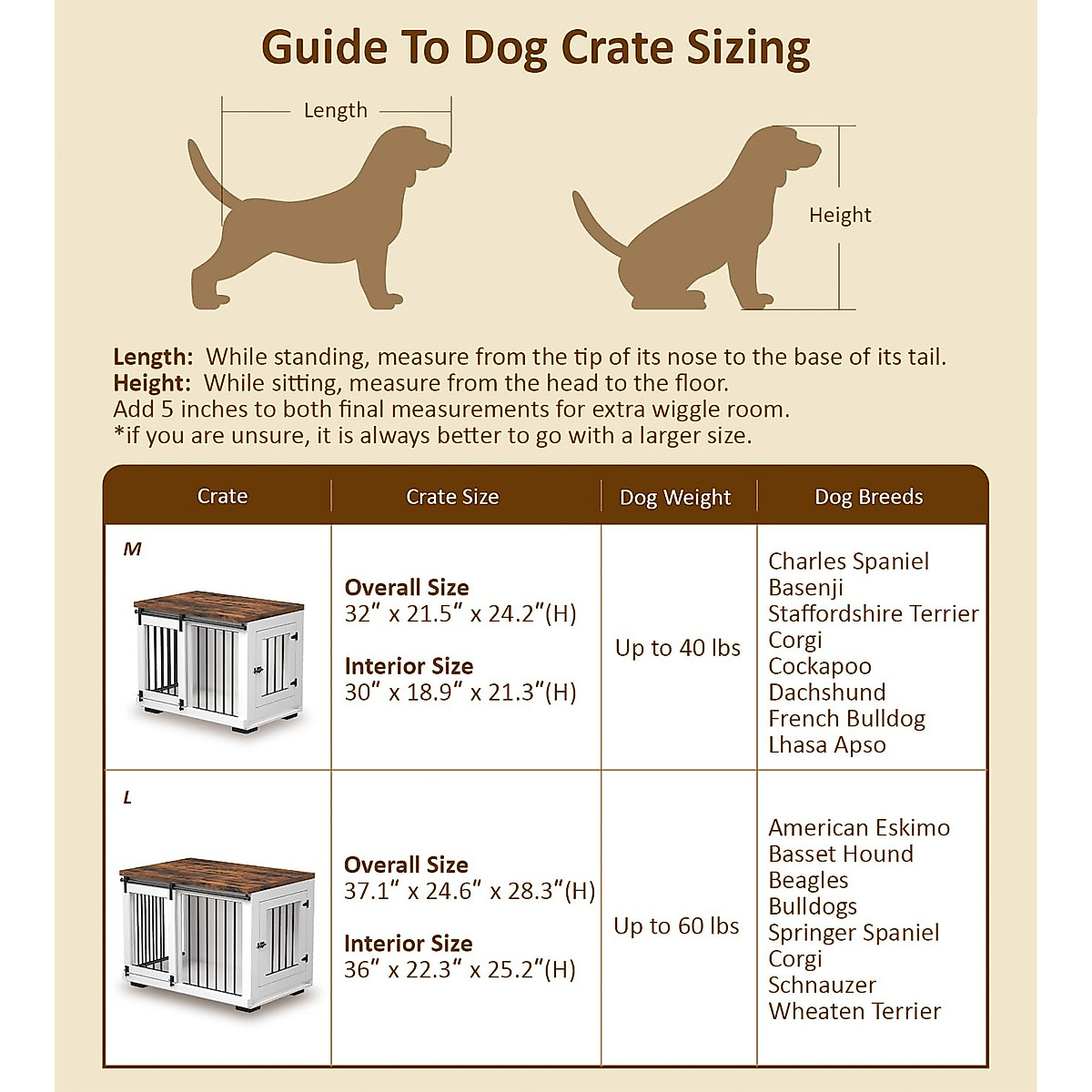 Zakkart Dog Crate Furniture for Large Dogs Up to 60 lbs. - Barn Door Puppy Kennel w/Thickened Farmhouse Top & Metal Bars - 37'' Wide - White Decorative Modern Dog Crate Table, End Table, Nightstand