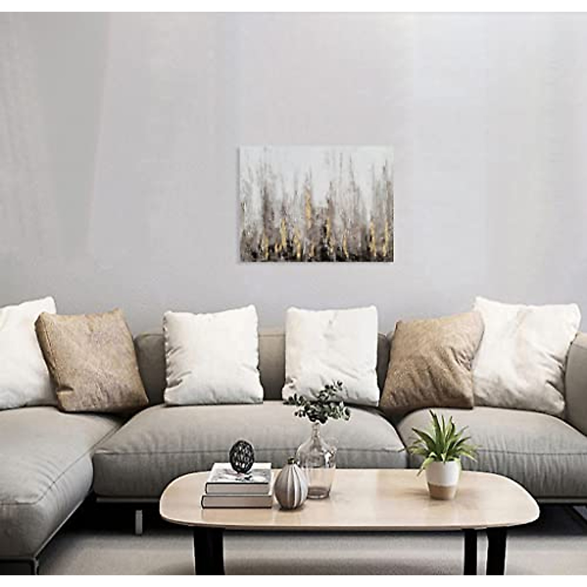 SYGALLERIER Abstract City Canvas Wall Art with Gold Foil - Hand Painted Modern Oil Paintings - Black Grey and White Pictures for Living Room Bedroom Bathroom Decor