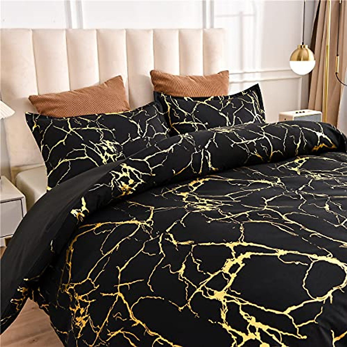 Holawakaka Black Gold Metallic Marble Duvet Cover Set Queen Size Foil Print Glitter Bedding Set (Black Queen, No Comforter)