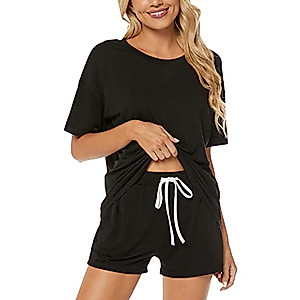 LOCUBE Women's Pajama Sets Soft Comfy Short Sleeve Lounge Outfits Pj Set Shorts with Pockets (Black 2, Medium)