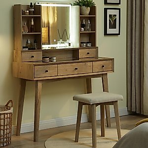 T4TREAM Modern Makeup Vanity Desk with Mirror and Lights，42'' Make up Vanity Table with Glass Tabletop & 5 Drawers, Big Vanity Set with Cushioned Stool & 3 Light Modes for Bedroom, Natural Oak