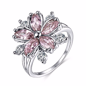 Guoshang Women Pink Crystal Flower Rings Silver CZ Crystal Rings Large Flowers Floral Rings,Pink,#10