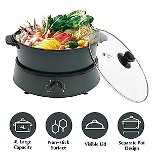 1350W 4.2Qt Electric Hot Pot with Lid, Electric Skillet, Adjustable Temperature, for Boiling Steaming Baking, 12.8 * 8.66 * 11.42 inch, 110V, Aluminum, Iron