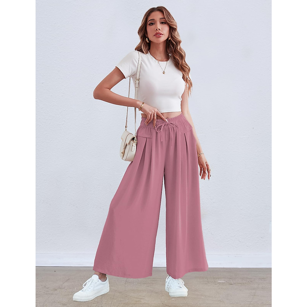 ZJCT Wide Leg Palazzo Pants for Women Summer Beach Pants Flowy Loose Casual Lounge Pajama Yoga Pants with Pockets DarkPink XL