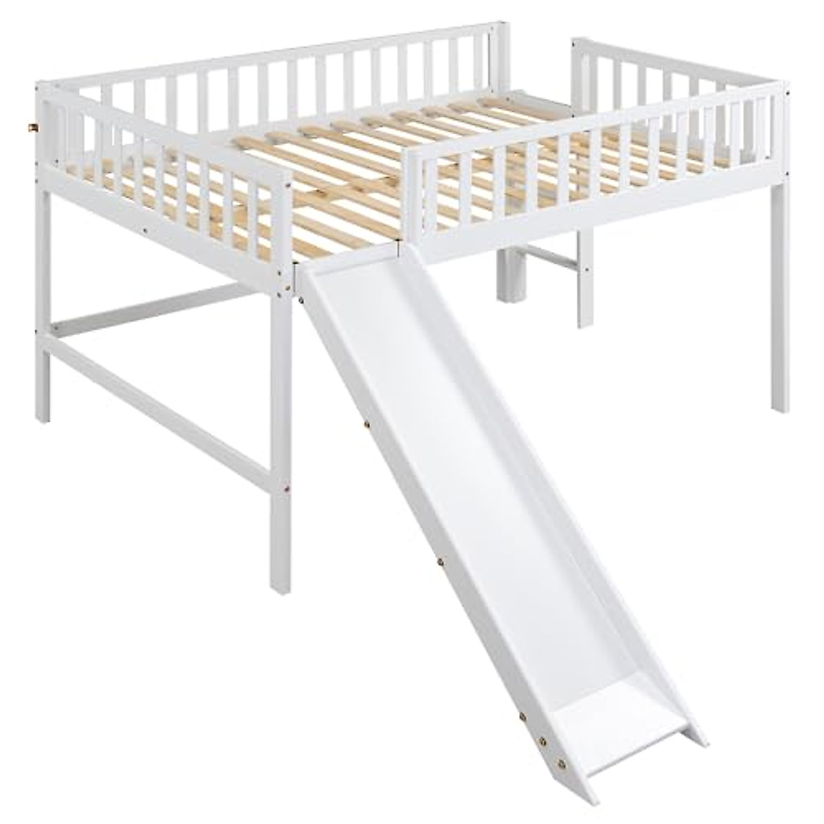 HBRR Full Size Loft Bed with Slide, Wood Low Loft Bed Frame with Ladder & Safety Guardrail, for Kids Boys Girls, White