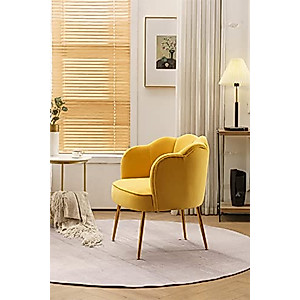 Velvet Accent Chair, Modern Shell-Shaped Upholstered Armchair Barrel Chair with Golden Metal Legs, Comfy Single Sofa Chair with Mid-Back, Elegant Vanity Chair Dining Chair for Living Room, Yellow