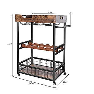 X-cosrack Bar Cart with Wine Rack,Mobile Kitchen Serving Cart with Storage and Glass Holder,Removable Wood Tray, Industrial Wine Cart on Wheels with Handle,Rustic Brown