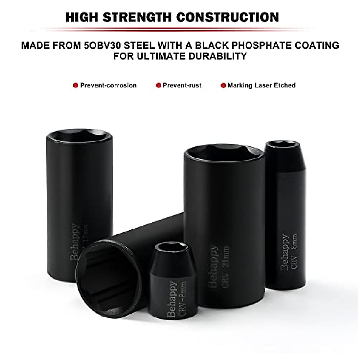 BeHappy 3/8" Impact Socket Set, 49Pcs Socket Set, Drive Impact Socket Set includes Metric (8-22mm) and SAE Socket Set (5/16"-3/4"), Deep/Standard, Cr-V, 6 Point,Extension Bars,Universal Joint,Adaptor