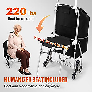 VEVOR Shopping Cart with Wheels, Stair Climbing Grocery Cart with 50L Removable Shopping Bag, 165lbs Foldable Utility Cart Trolley Dolly with Seat, Stair Climber Cart for Grocery Shopping Travel