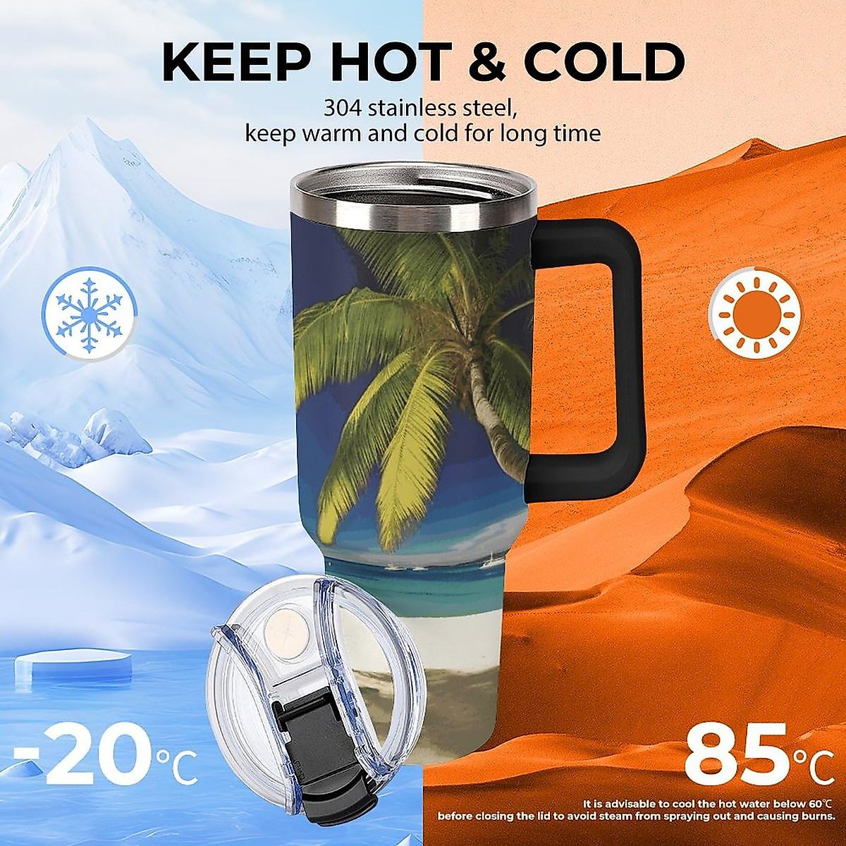 YTLKGFP 40 Oz Large Capacity Car Cup Beach Palm Tree Tumbler with Handle (Black) Straw Lid Insulated Stainless Steel Water Bottle Travel Mug Leak-proof Car Cup Keeps Cold Or Hot