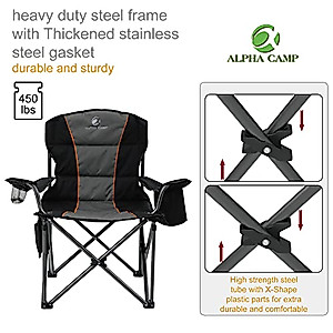 ALPHA CAMP Oversized Camping Folding Chair, Heavy Duty Support 450 LBS Steel Frame Collapsible Padded Arm Chair with Cup Holder Quad Lumbar Back, Portable for Outdoor,Black