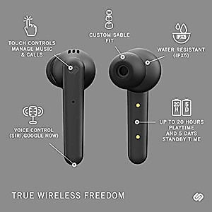 Urbanista Paris True Wireless Earphones 20H Playtime Wireless Charging Case and Bluetooth 5.0, Noise Cancelling Earphones with Touch Controls + Built-in Mic, Compatible with Android and iOS – Black