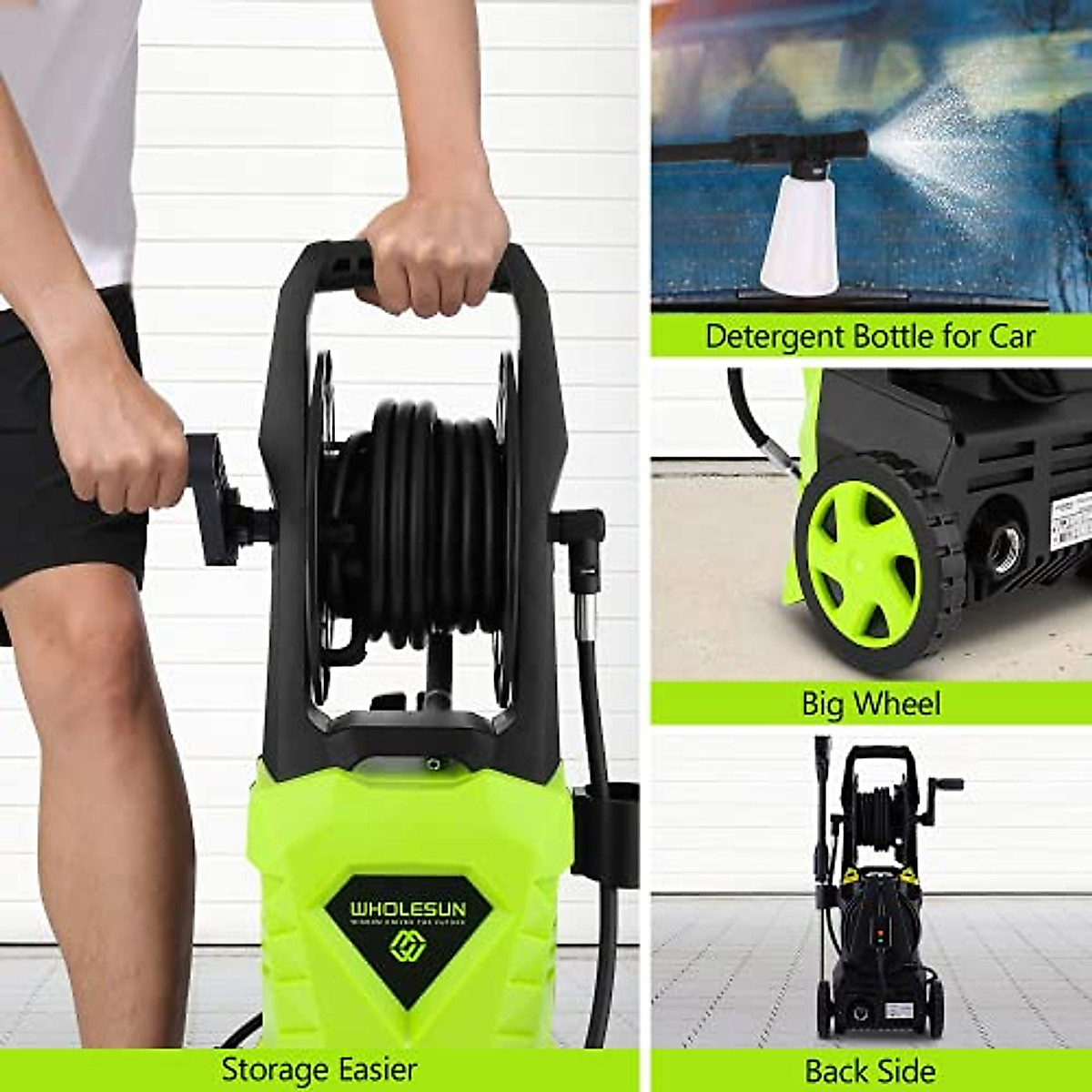 WHOLESUN WS 3000 Electric Pressure Washer, 1.58GPM 1600W High Power Washer Machine with Spray Gun & 4 Nozzles for Cars, Homes, Driveways, Patios(Green)