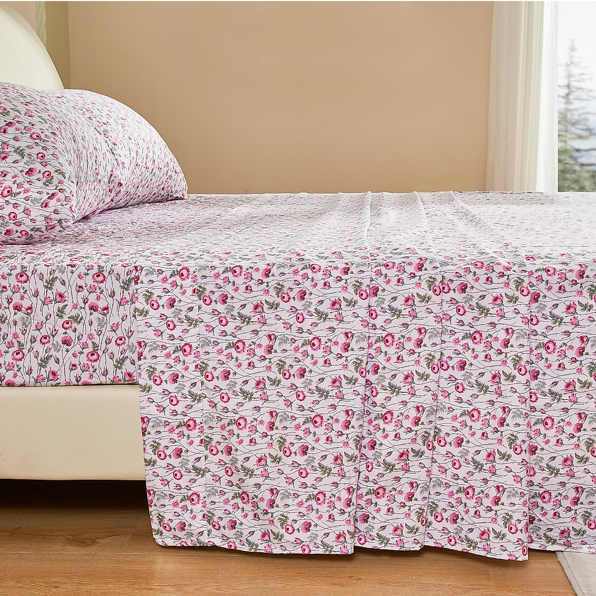 Twin Sheet Set 3PC Printed Pink Flower Pattern Cooling 1800 Microfiber with Deep Pocket, Soft, Breathable, Hypoallergenic, Wrinkle Free, Single Bedding for Kids, College Dorm, Hospital - (Rose Floral)