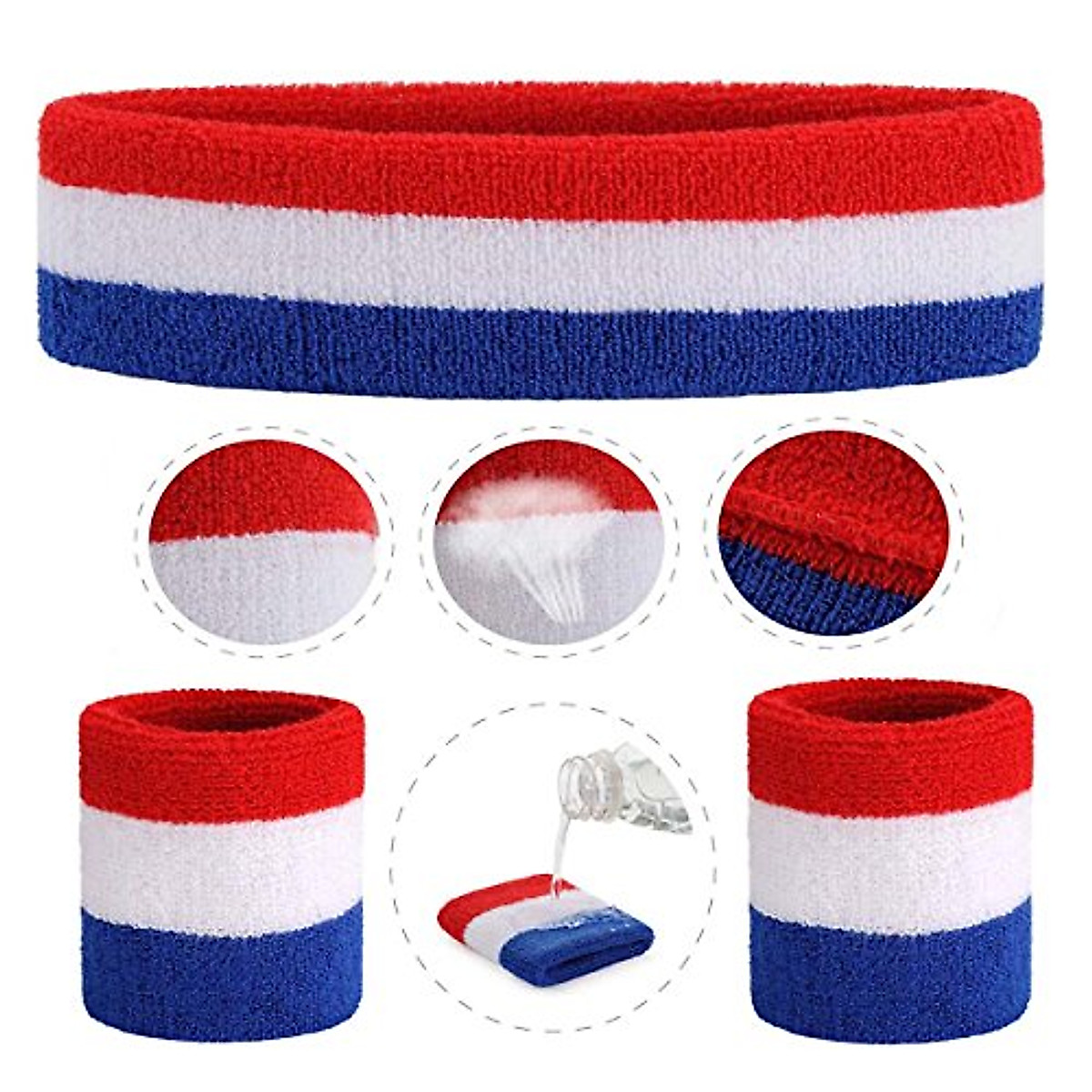 ONUPGO Sweatband Set Premium Sports Headband Wristband Set Sweatbands Terry Cloth Wristband Wrist Sweatband Headbands Moisture Wicking Sweat Absorbing Head Band Red/White/Blue
