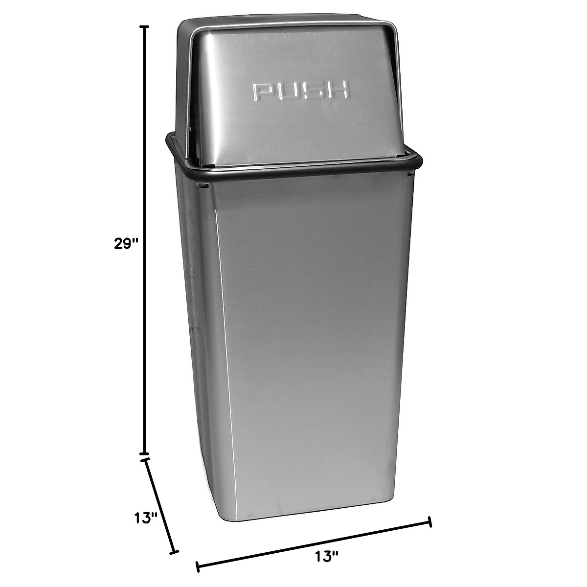 Witt Industries 36HTSS Stainless Steel 36-Gallon Waste Watcher Hamper and Push Top Receptacle, Legend "Push", Square, 19" Width x 19" Depth x 37" Height, Silver