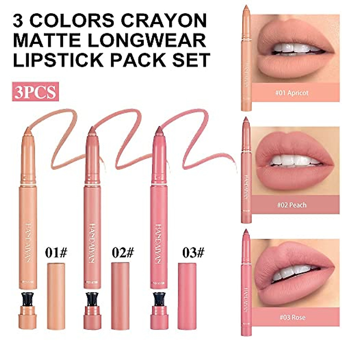3 Colors Matt Nude Lipstick Lipliner Lip Crayons Pack Set with Built-in Sharpener,Velvet Moisture Smooth Matte Lipstick Pencils,Waterproof&Waterlasting Velvet Lip Crayon Lip Liner Lip Pen Lip Makeup