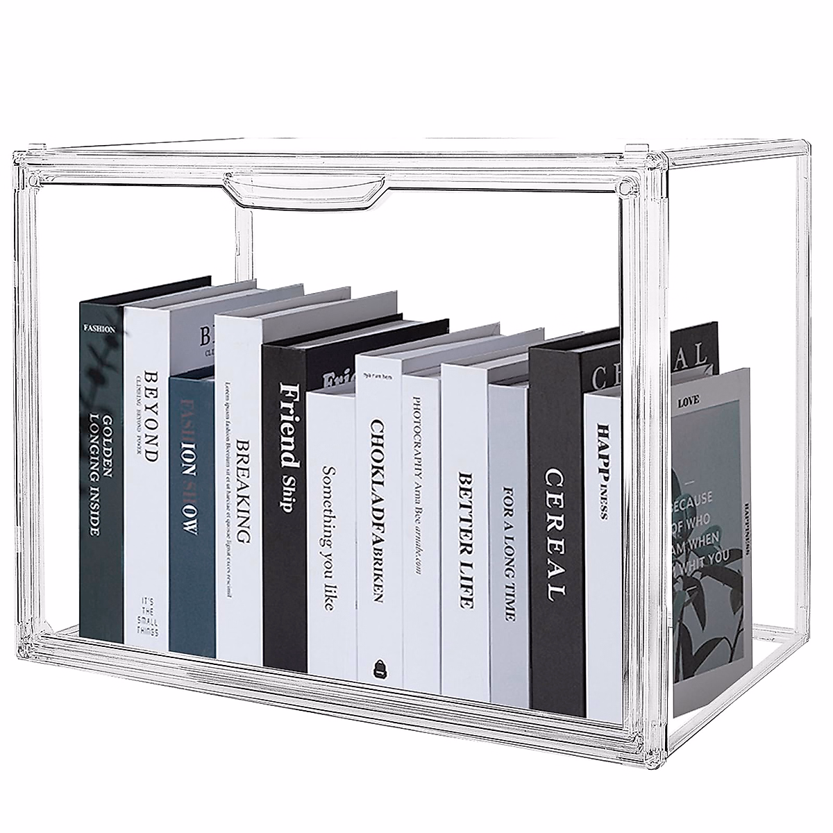 Cutora 2 PACK Clear Book Storage Organizer Stackable Acrylic Book Display Box with Magnetic Door for Bookshelf Easy Assemble Bookcase Containers Display case for Comics Toys Handbags Shoes Purses