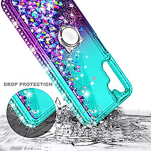 NZND Compatible with Samsung Galaxy A14 5G Case with Tempered Glass Screen Protector (Maximum Coverage), Ring Holder/Wrist Strap, Glitter Liquid Floating Waterfall Durable Cute Case (Aqua/Purple)