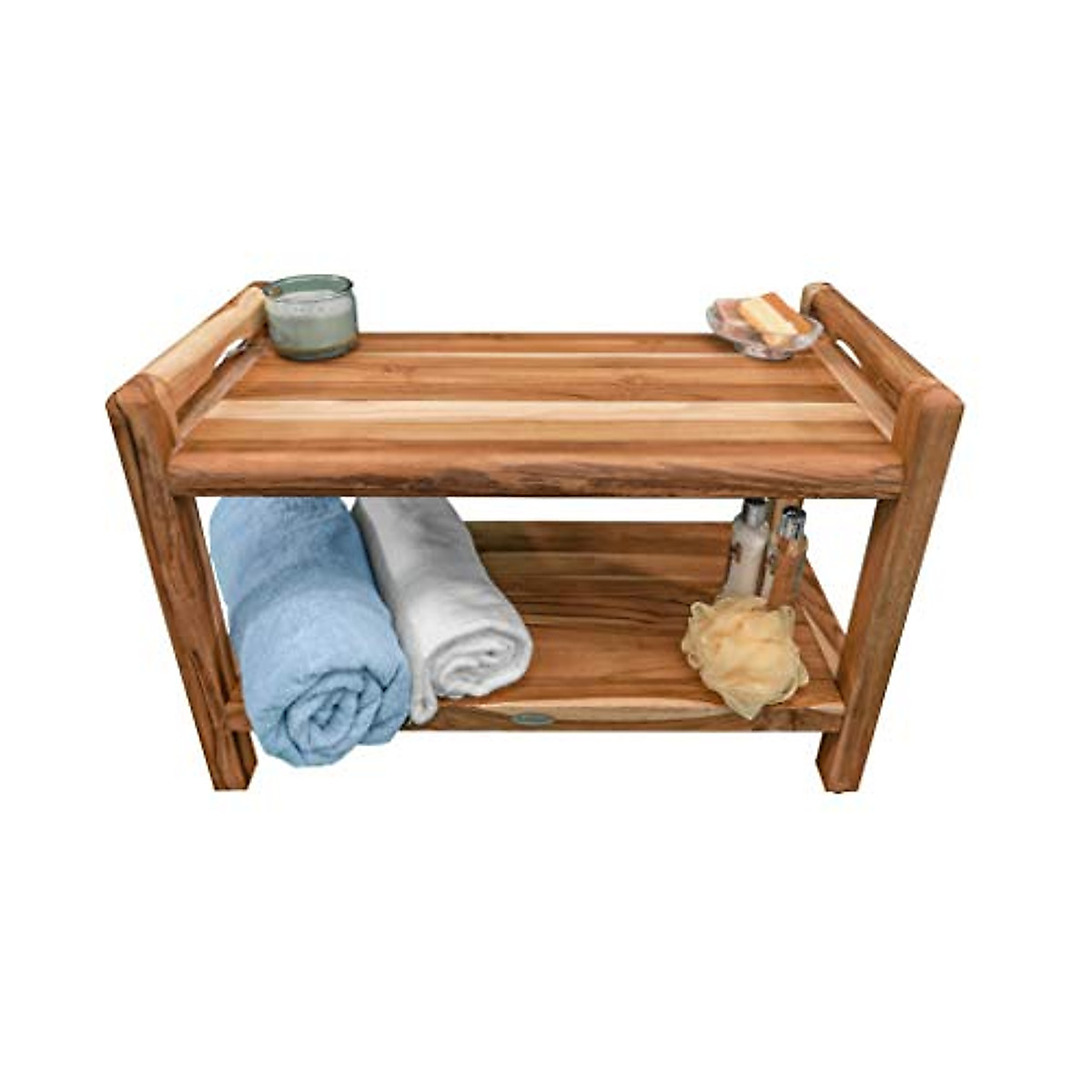 EcoDecors Teak Shower Bench 29" Wood Shower Seat Stool with Storage Shelf and LiftAide Arms, Eleganto Shower Bench for Indoors and Outdoors