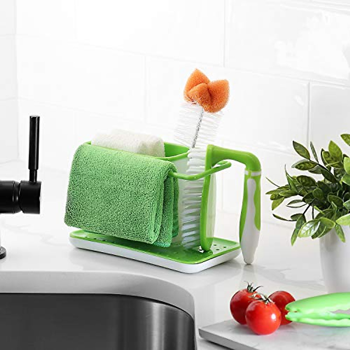 Kitchen Sponge Holder for Sink - Kitchen Sink Caddy - Sink Organizer with Brush Dispenser Holder and Drain Pan Tray - Dish Sponge Holder – Dual Use Sponge Brush Soap Dish Holder with Rag Rack