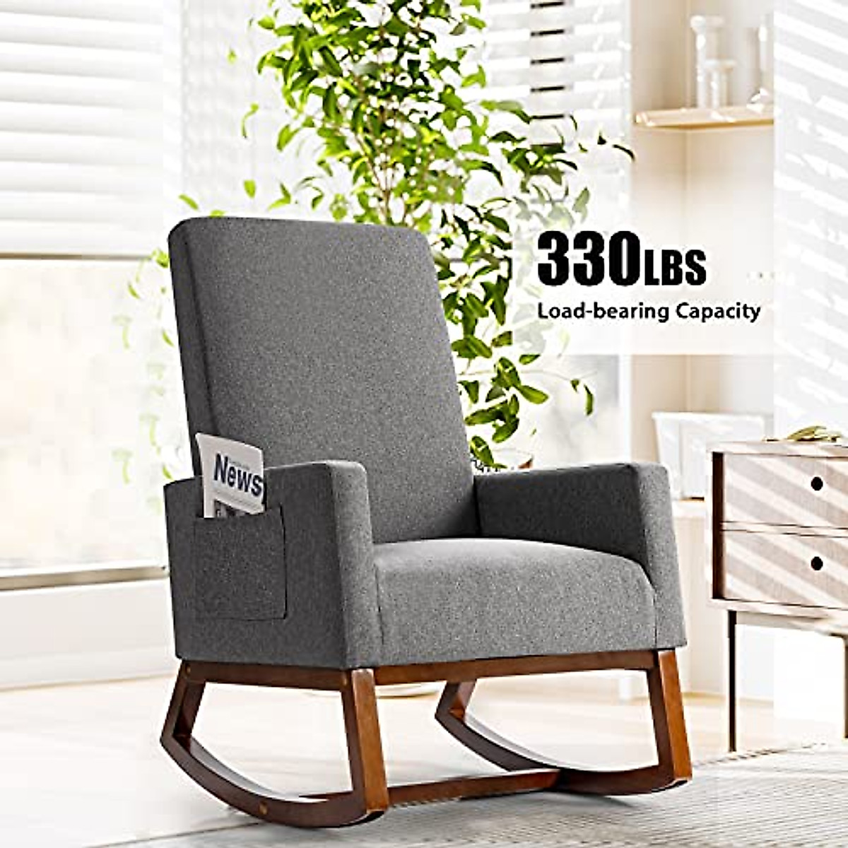 Giantx Upholstered Rocking Chair, Modern Fabric Armchair w/Wood Base, Side Pocket, Linen Padded Seat, High Back Accent Glider Rocker Chair, Mid-Century Leisure Chair for Nursery, Living Room (Gray)