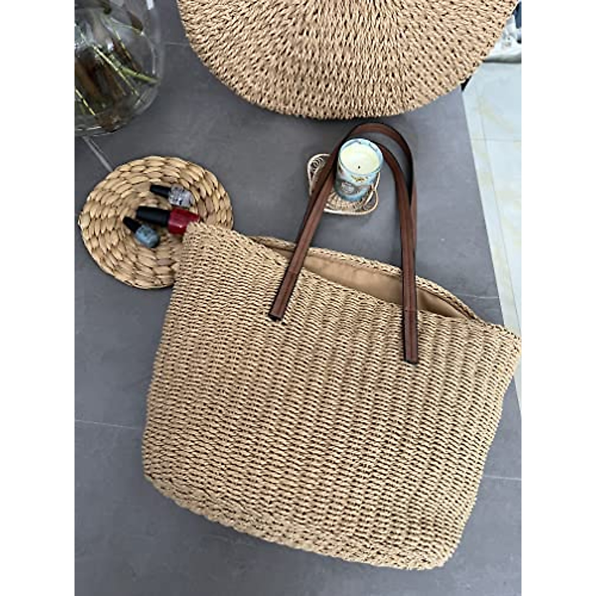 YXILEE Straw Bags For Women | M Size Travel Straw Totes Bag Woven Summer Handmade Shoulder Bag Handbag